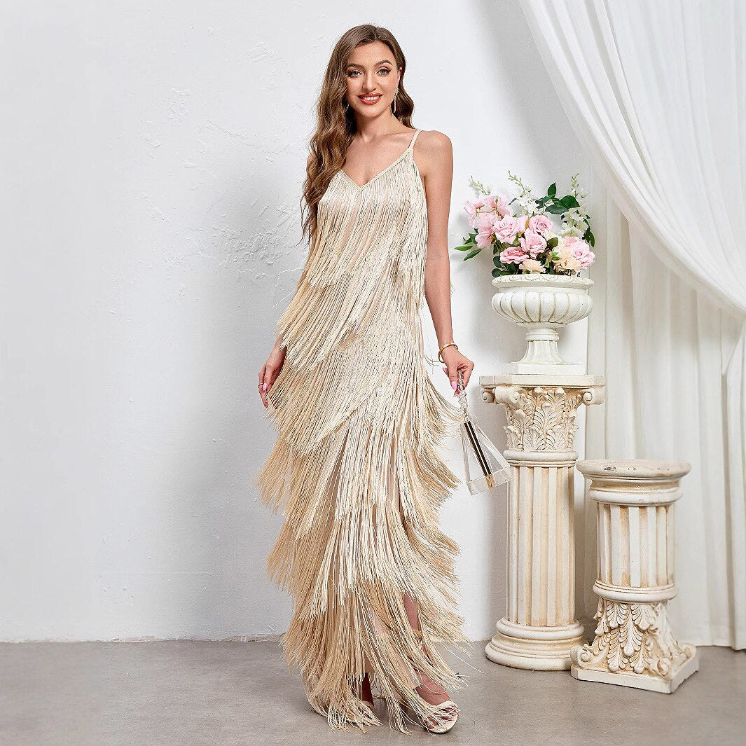 Roaring 20s Spaghetti Strap V-Neck Gown - Elegant Retro Evening Dress ...